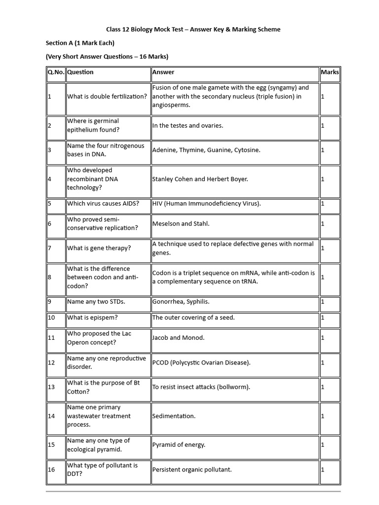 Class 12 Biology Mock Test ANS | PDF | Dna | Genetics