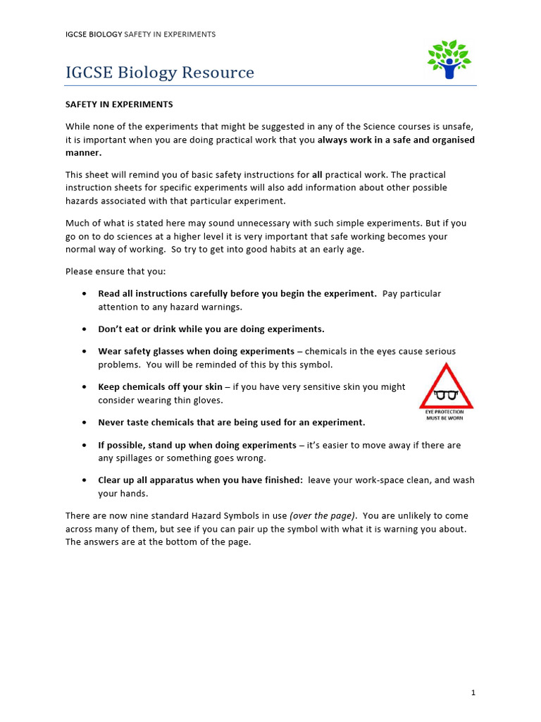 IGCSE Biology Experiment Safety Guide | PDF | Hazards | Safety