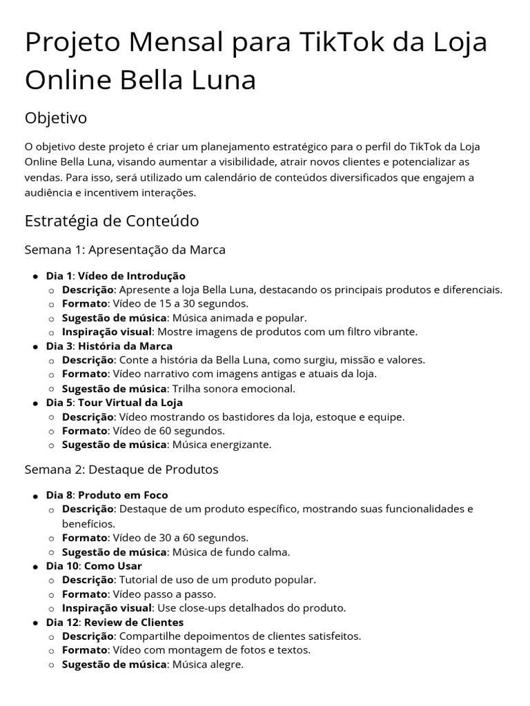 Planejamento TikTok para Bella Luna | PDF | Vídeo