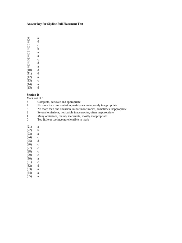 Skyline Test Answer Key | PDF