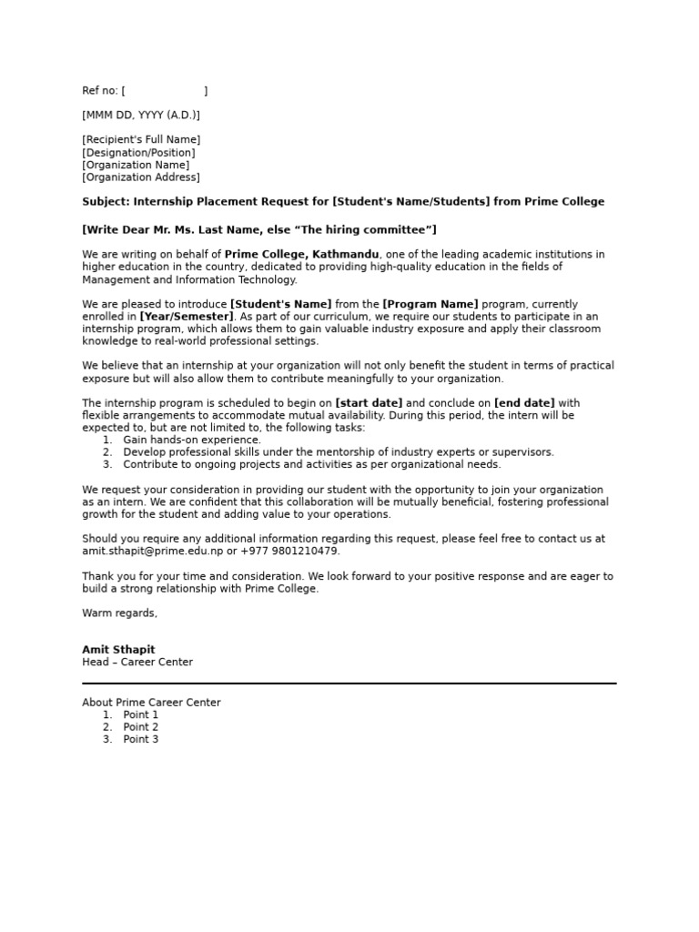 Internship Placement Request Letter | PDF