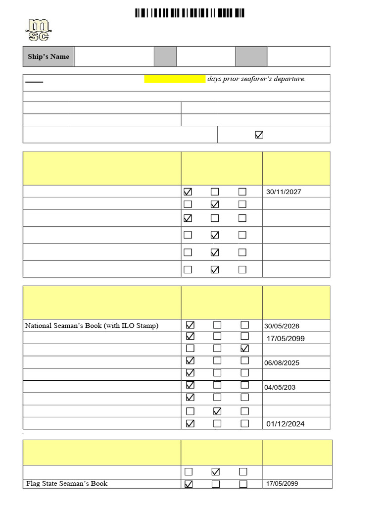 MSC Perle TEO Tadese Biniam Girma 40125 Pre Joining Check List | PDF | Travel Visa | Shipping
