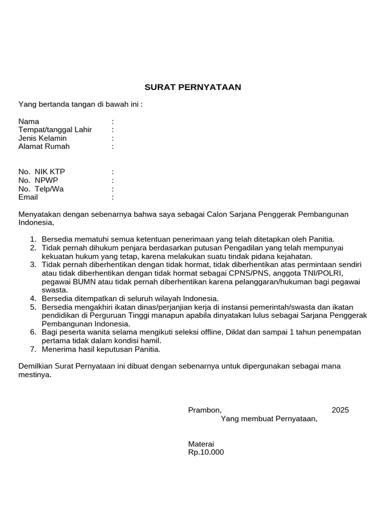 Surat Pernyataan Seleksi Sppi SPPG 2025 | PDF