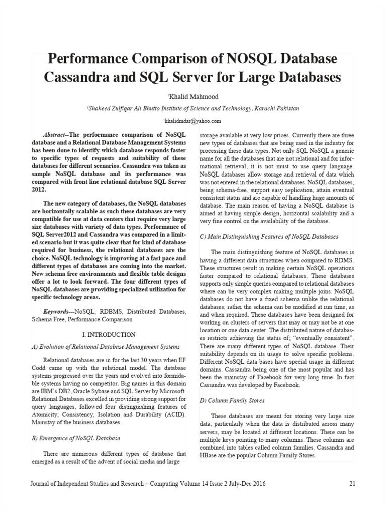 Performance Comparison of NOSQL Database Cassandra | PDF | Databases | No Sql