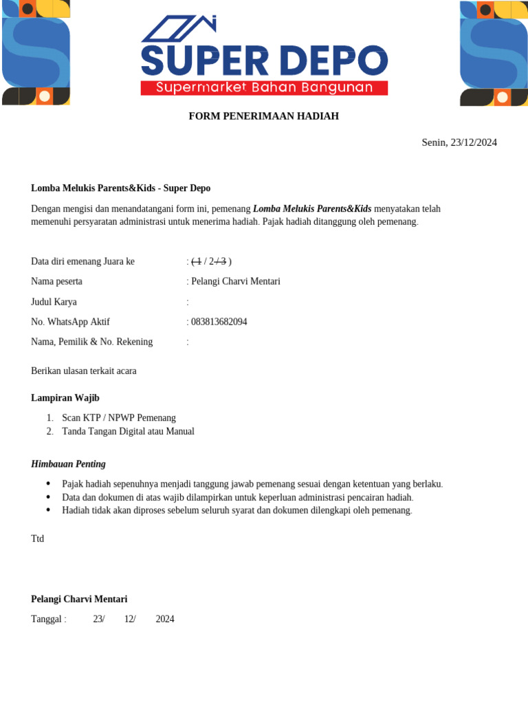 FORM PENERIMAAN HADIAH & Surat Penerimah Hadiah Pelangi Charvi Mentari 3 | PDF