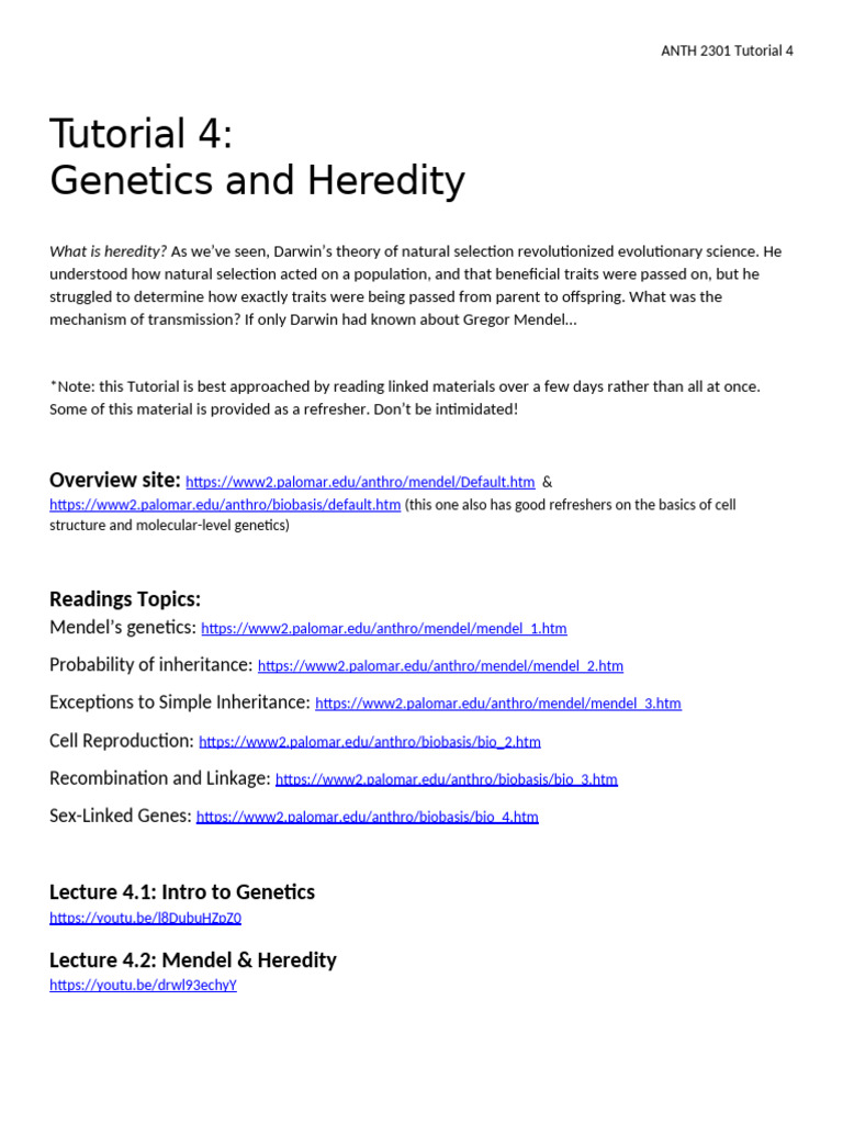 2301 Tutorial 4 Heredity Genetics | PDF | Heredity | Genetics