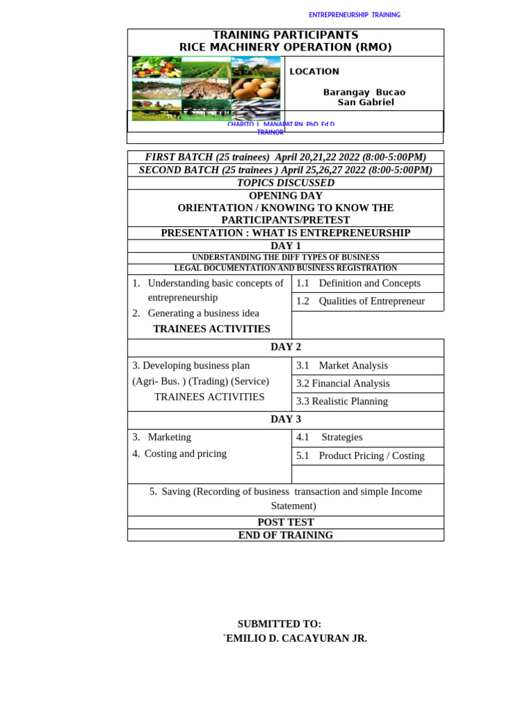 Entrepreneurship Training Plan | PDF