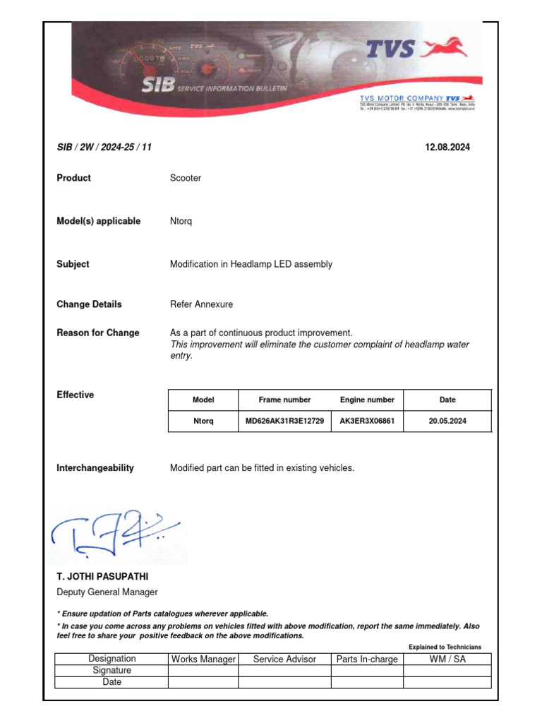 2W SIB 11 2024-25 Modification in Headlamp Assembly LED | PDF | Headlamp | Vehicles