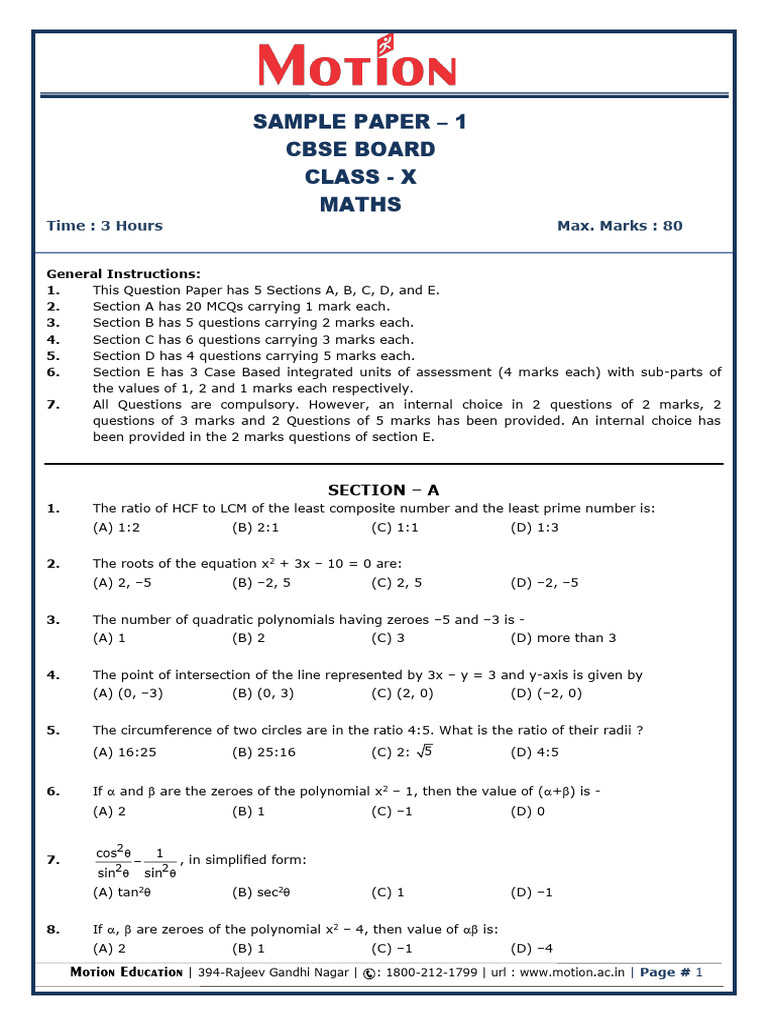 CBSE Class X Maths Sample Paper | PDF | Quadratic Equation | Euclidean ...