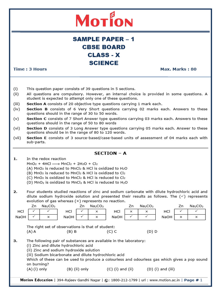 CBSE Class 10 Sample Paper 1 - Science | PDF | Ph | Flowers