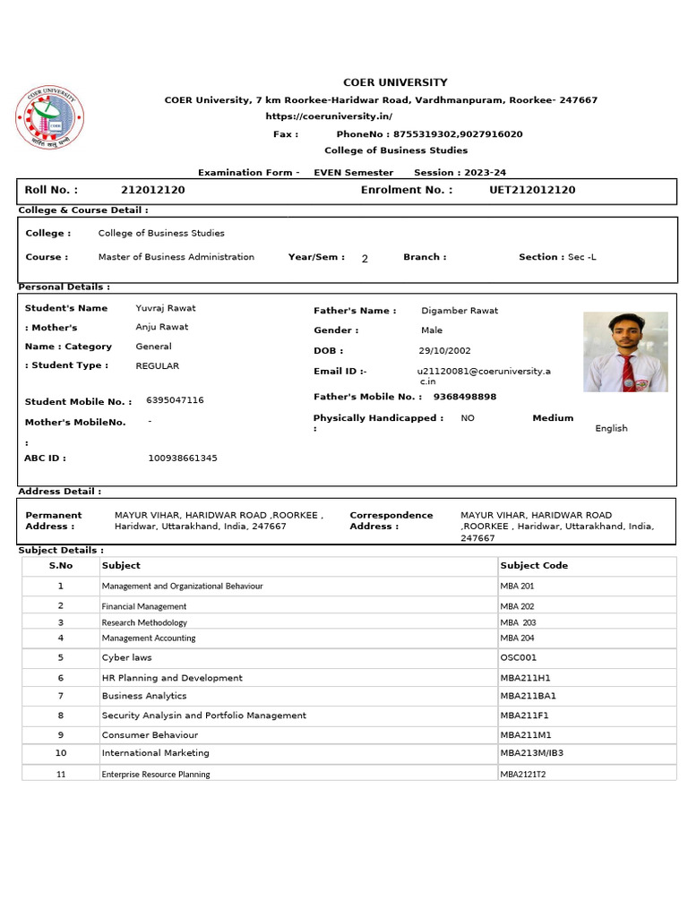 MBA Exam Form 2023-24 COER University | PDF | Business | Leadership