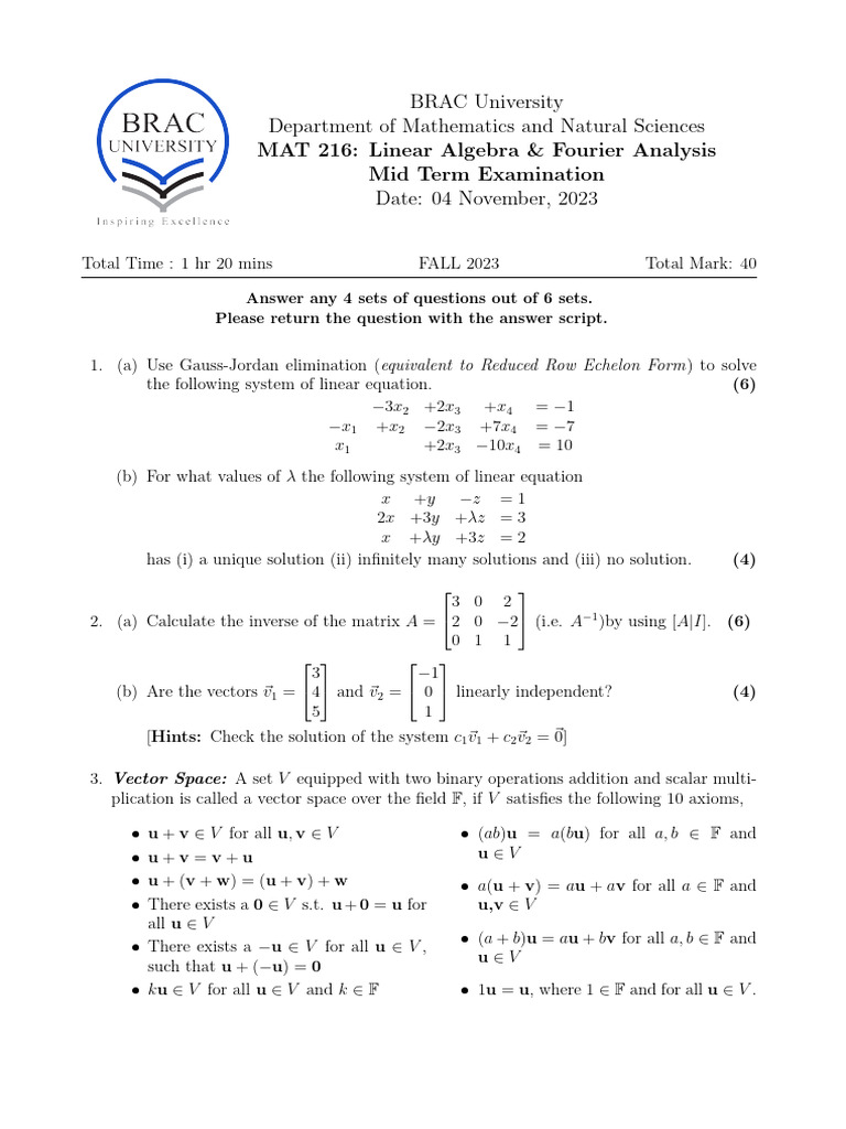 Linear Algebra Midterm Exam 2023 | PDF | Vector Space | Eigenvalues And Eigenvectors