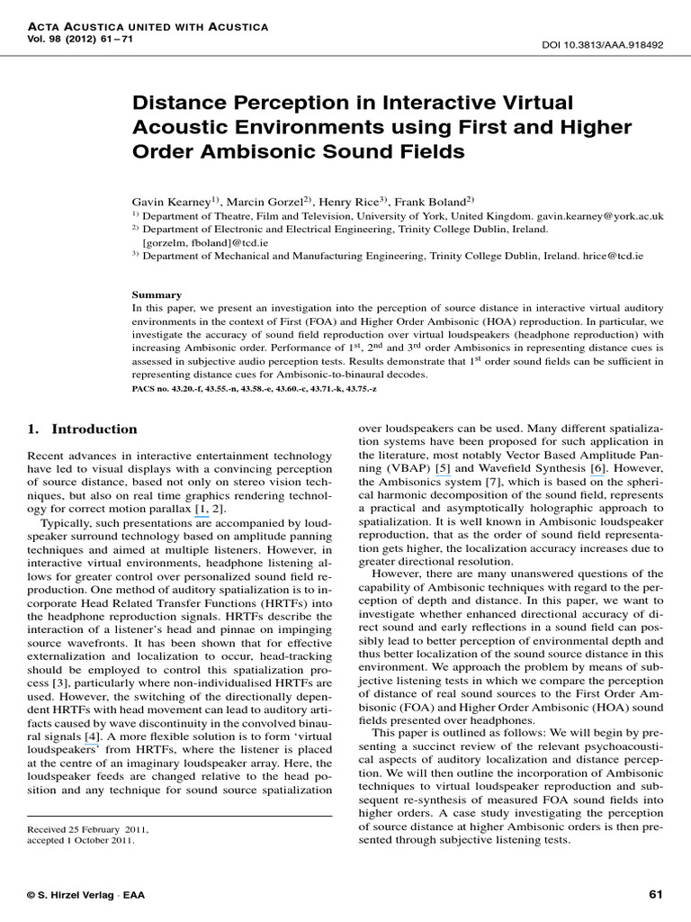 Virtual Acoustic Distance Perception | PDF | Sound | Loudspeaker