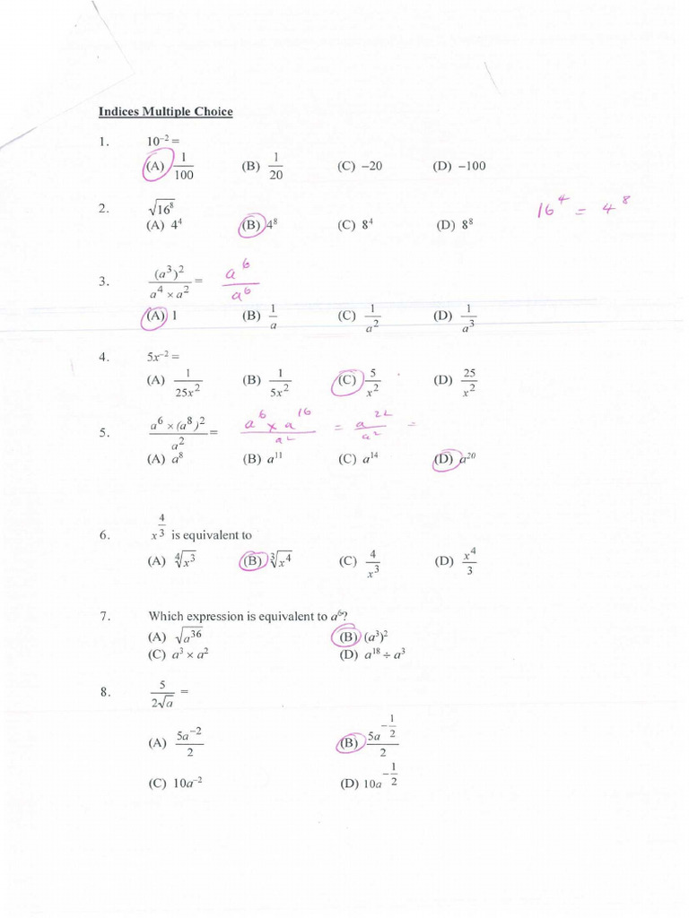 Indices Multiple Choice Answers | PDF