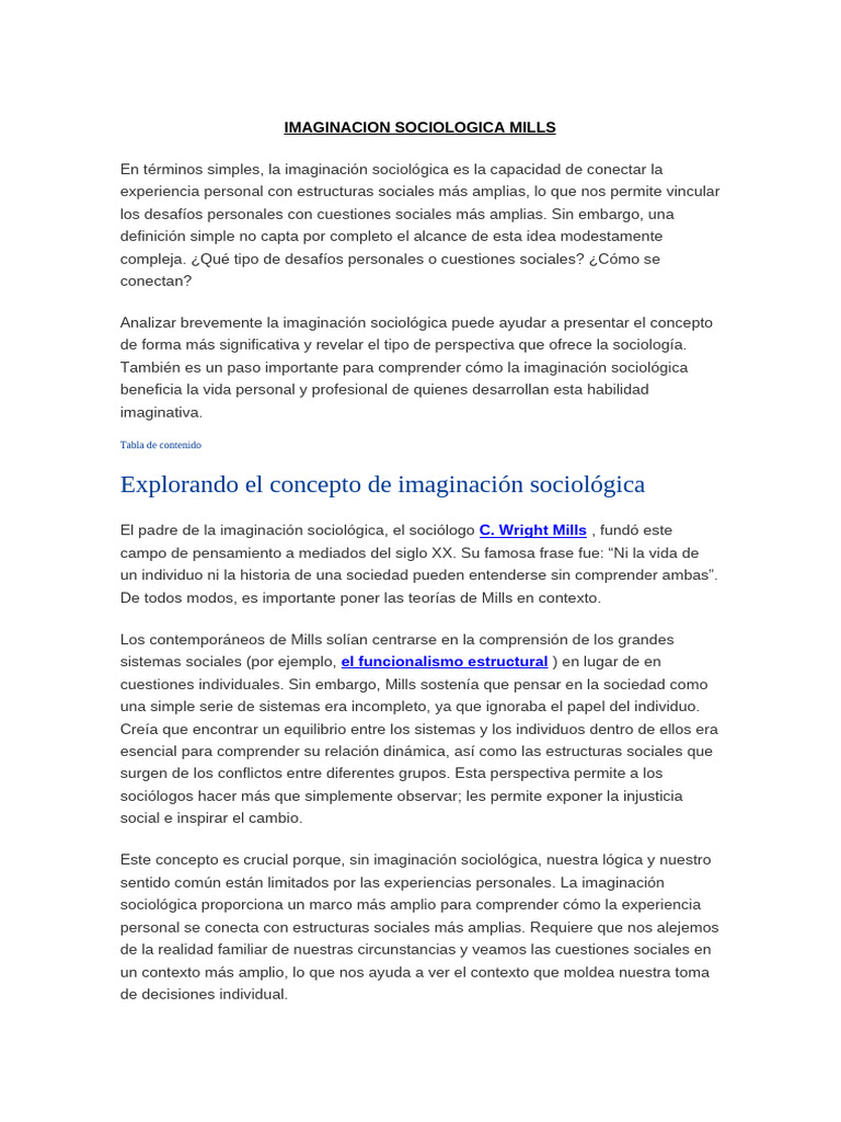 Imaginación Sociológica según C. Wright Mills | PDF | Sociología | Imaginación