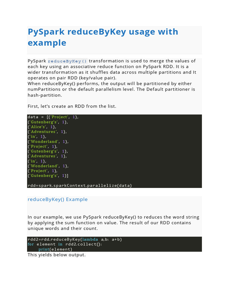 reduceByKey() in PySpark with example - Explanation | PDF