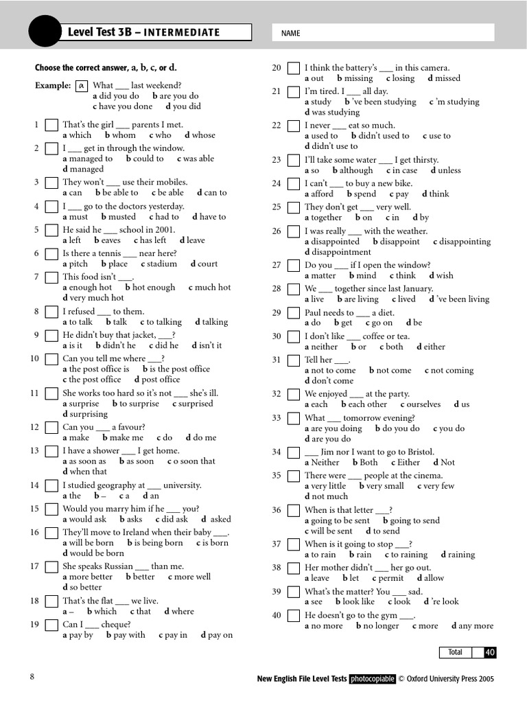 Intermediate Level English Test 3B | PDF