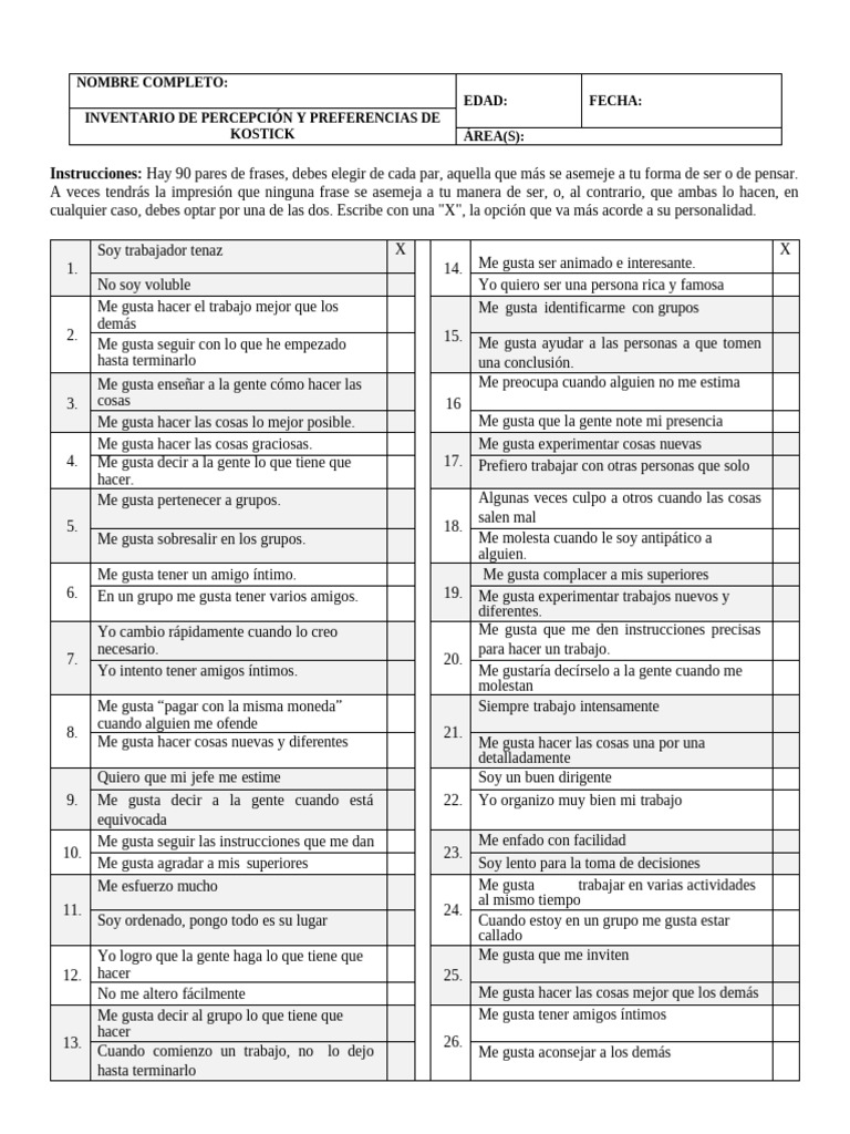 INVENTARIO DE PERCEPCIÓN Y PREFERENCIAS DE_KOSTICK | PDF