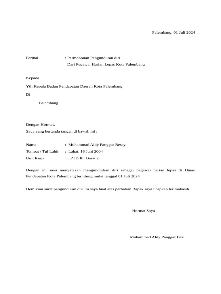Surat Pengunduran Diri Aldi | PDF