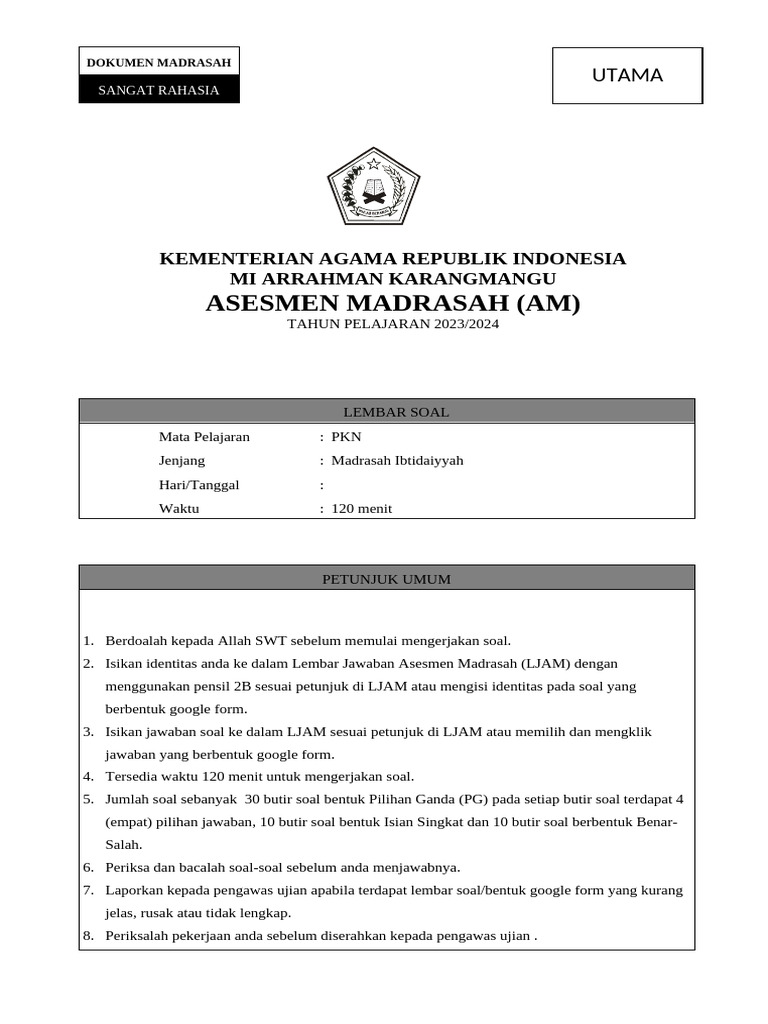 Soal AM PKN 6 2024 Sudah Edit | PDF