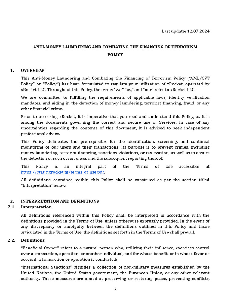 AML/CFT Policy for xRocket Users | PDF | Terrorism Financing | Money ...