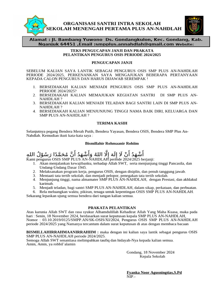 Pelantikan Pengurus OSIS SMP An-Nahdlah 2024/2025 | PDF