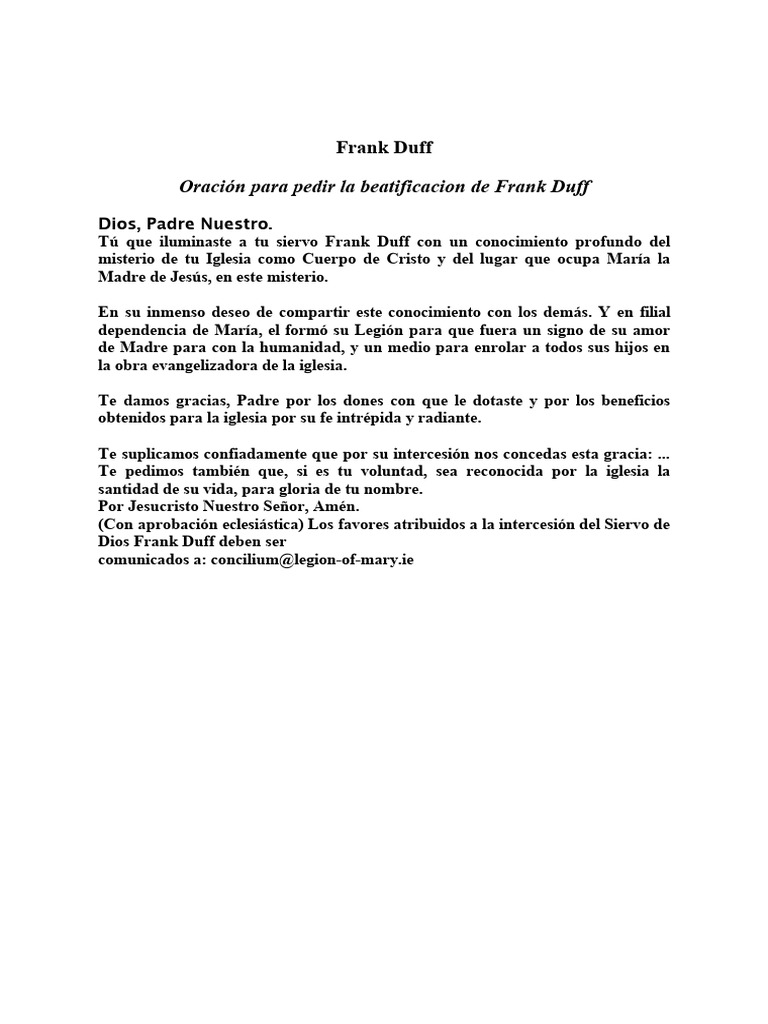 Oración por la beatificación de Frank Duff | PDF
