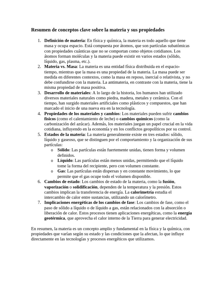 Claves sobre materia y sus propiedades | PDF | Importar | Gases