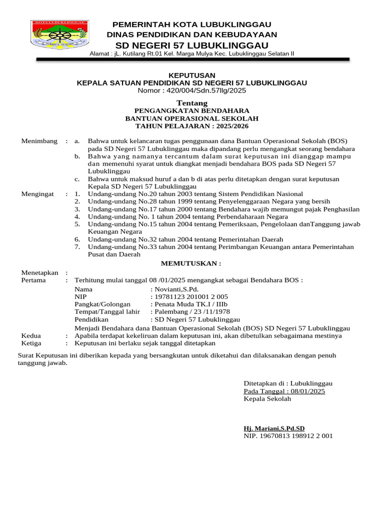 Contoh SK Bendahara Sekolah | PDF