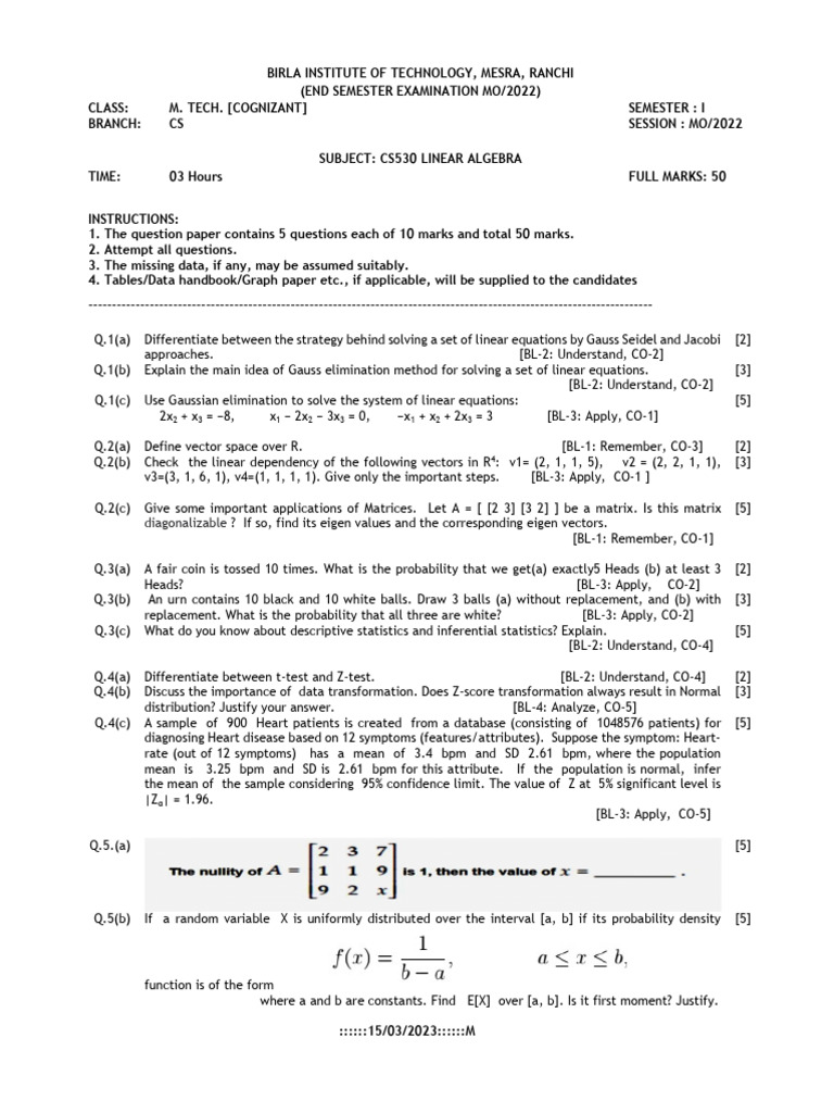 CS530 Linear Algebra (End - Mo22) | PDF | Statistics | System Of Linear Equations