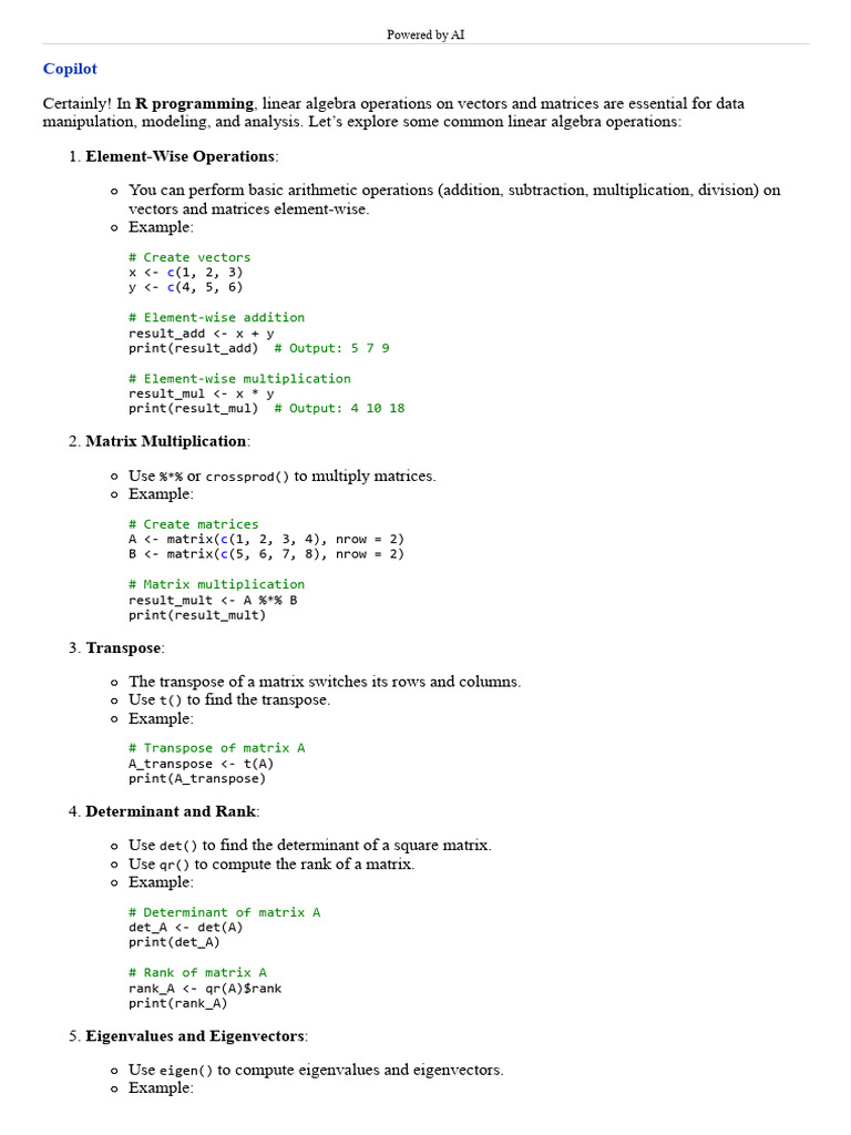Linear Algebra in R Programming | PDF
