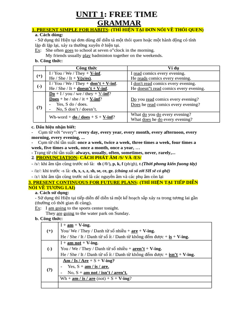 Học Liệu Tuần 1 - 3 - Unit 1 - Free Time 2 | PDF