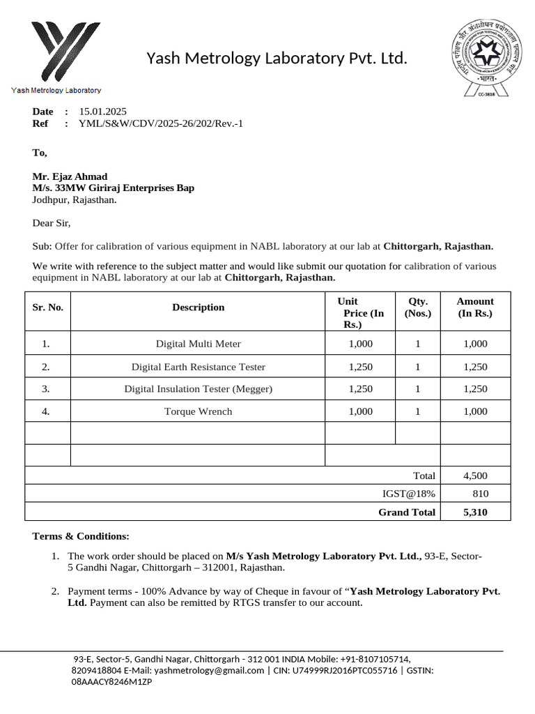 Yash Metrology Labs_18 Dec 2024 | PDF | Calibration | Metrology