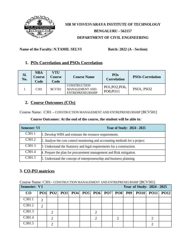 BCV501 Construction Management Syllabus | PDF | Engineering | Project ...