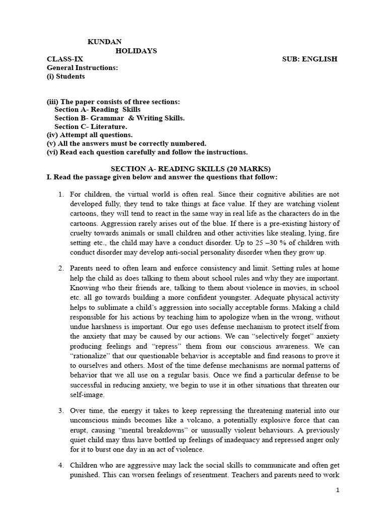 Class IX English Holiday Homework | PDF | Anxiety | Anger