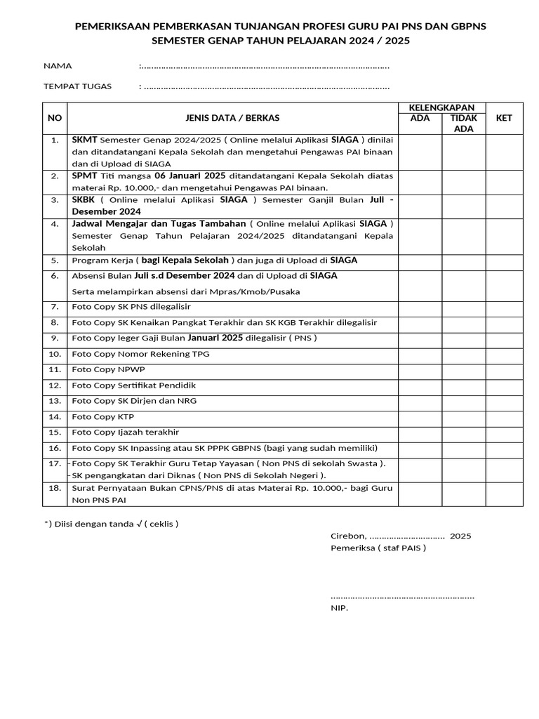 PERSYARATAN PEMBERKASAN TPG SEMESTER GENAP BAGI PENGAWAS GURU PAI PNS DAN GBPNS TAHUN 2024 | PDF