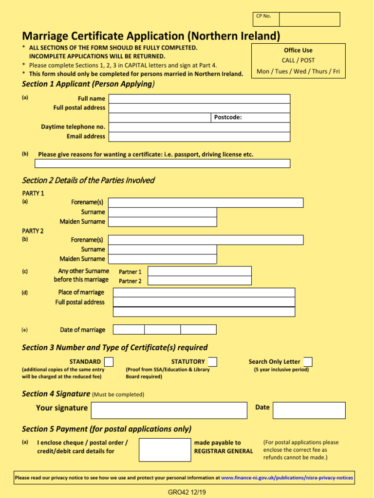 Northern Ireland Marriage Certificate Form | PDF | Credit Card | Payments