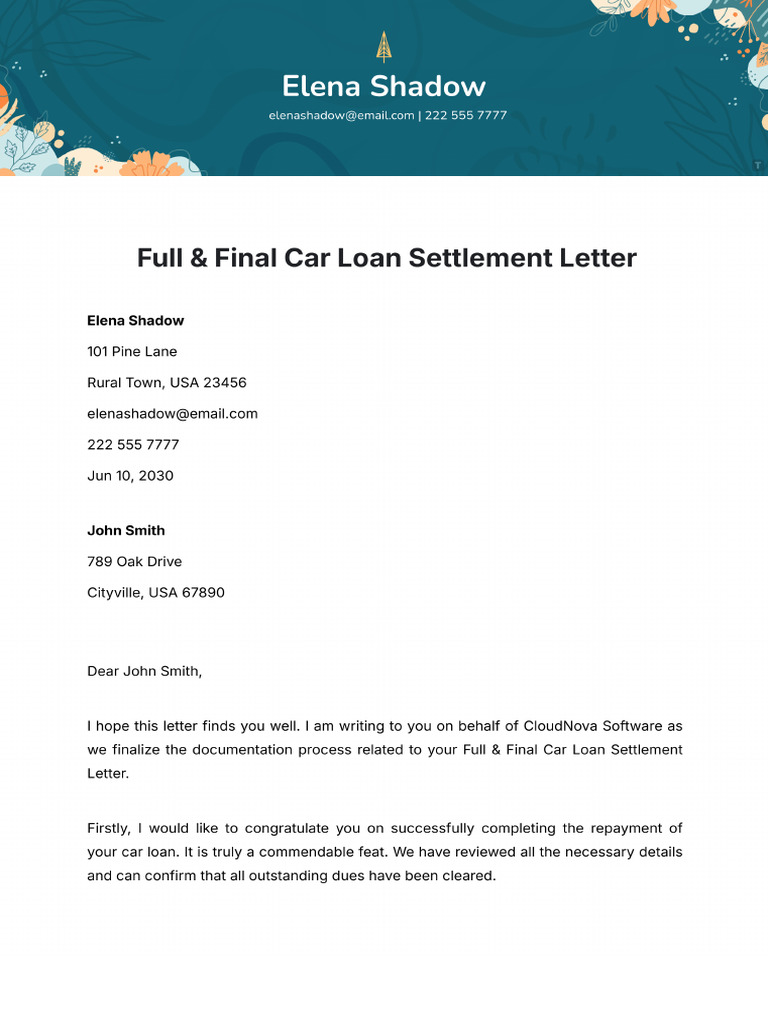 Full & Final Car Loan Settlement Letter Template | PDF