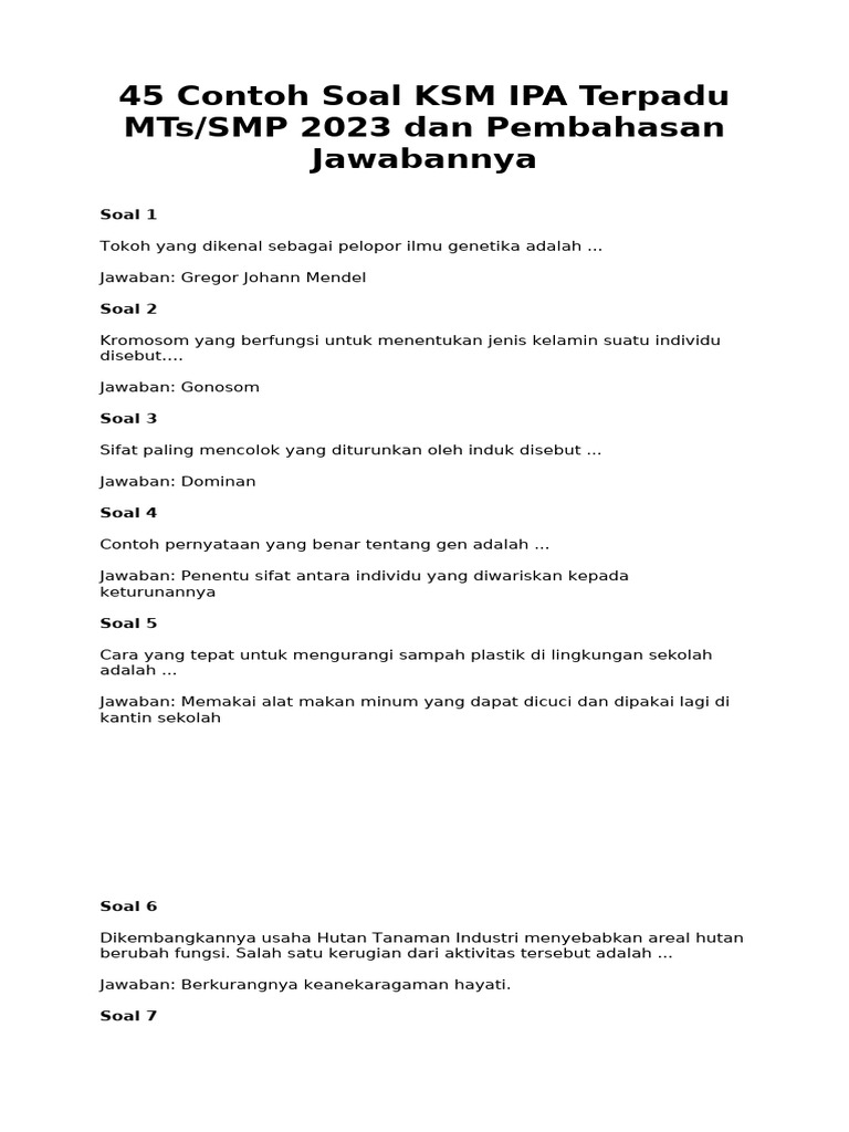 45 Contoh Soal KSM IPA Terpadu MTs | PDF