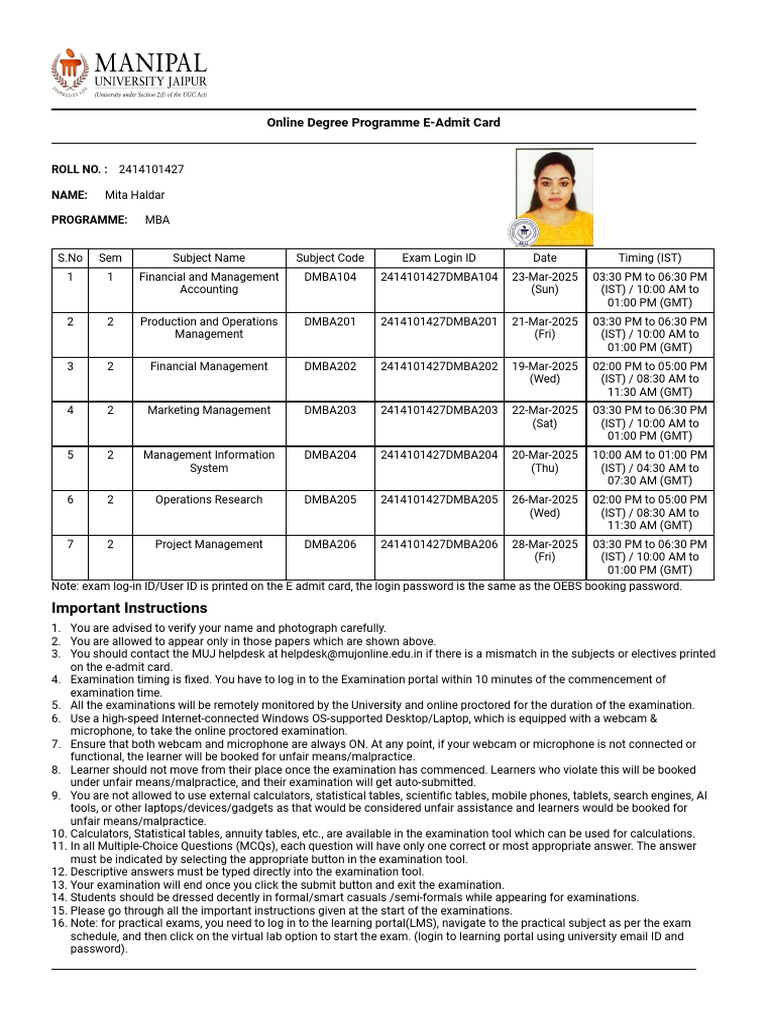 Online Degree Programme E-Admit Card: Roll No.: Name: Programme | PDF | Computing | Software