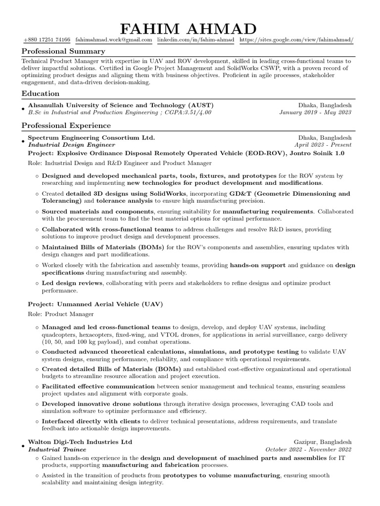 CV-FAHIM AHMAD-R&D Engineer | PDF | Unmanned Aerial Vehicle | Robot
