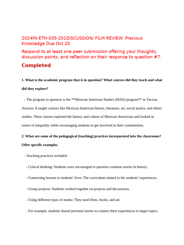 2024fa Eth 035 201 Discussion Film Review Precious Knowledge Due Oct 20 ...