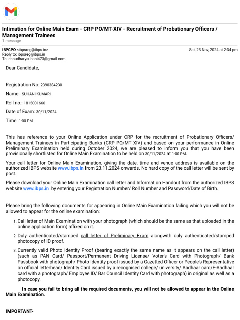 Gmail - Intimation For Online Main Exam - CRP PO - MT-XIV - Recruitment of Probationary Officers ...