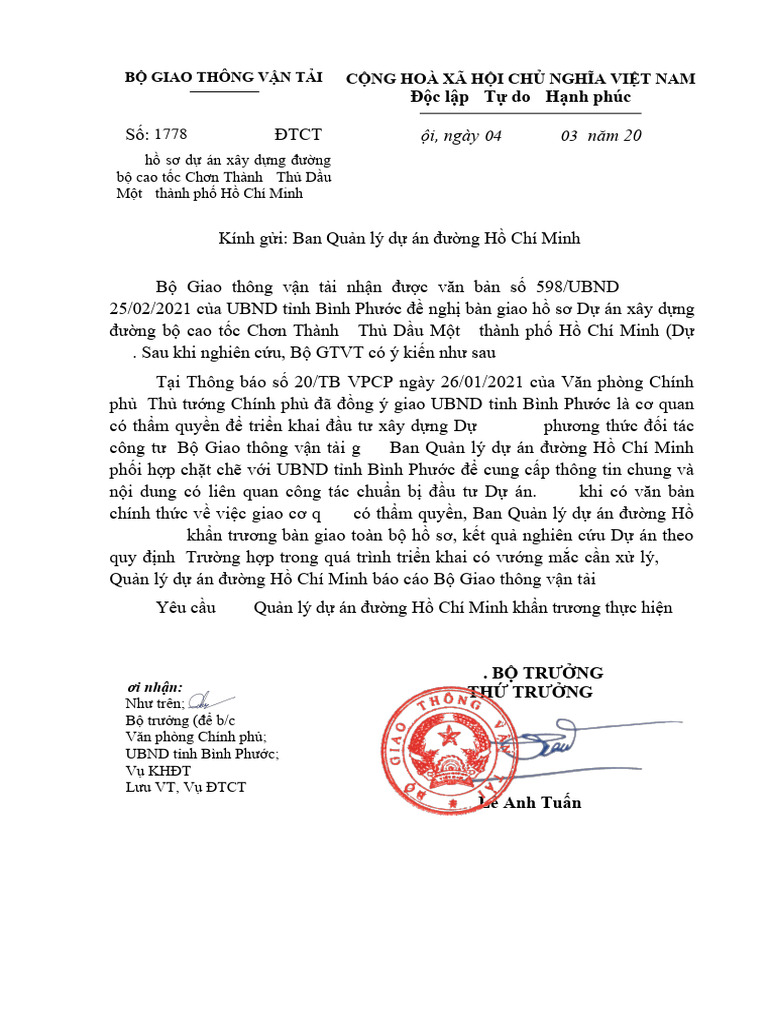 2021.03.04 - 1778-BGTVT-Đề Nghị Ban QLDA HCM Cung Cấp Hồ Sơ | PDF