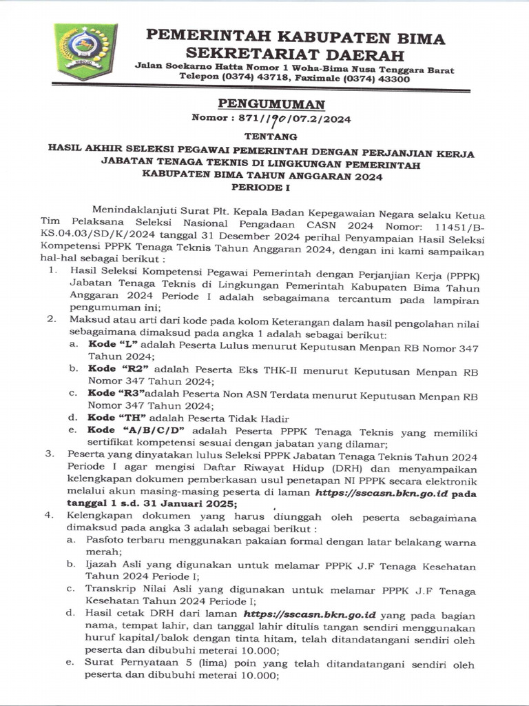 Hasil Seleksi PPPK Pertanian Bima | PDF