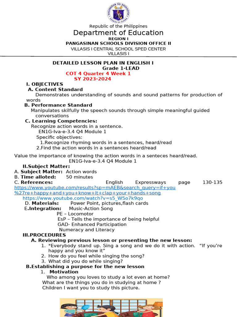 Grade 1 English Lesson Plan: Action Words | PDF | Learning | Cognition