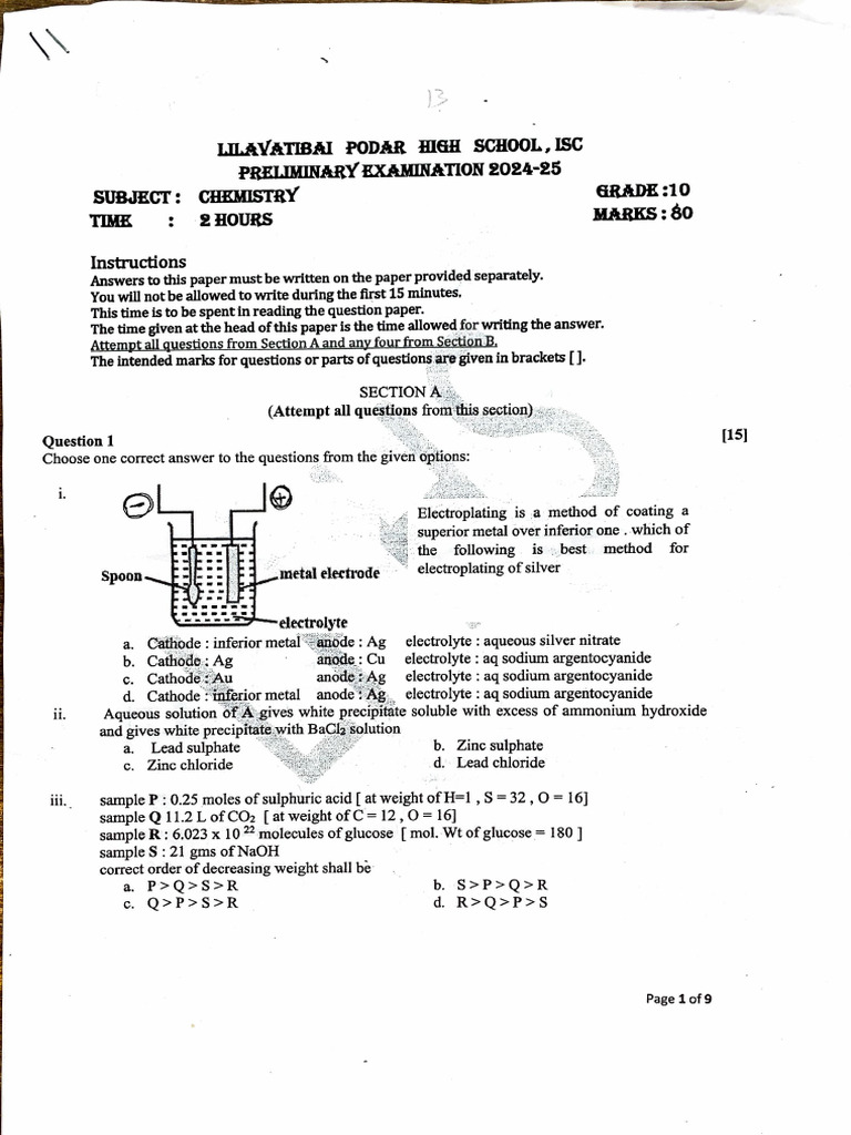Podar Chemistry Prelim 2025 | PDF