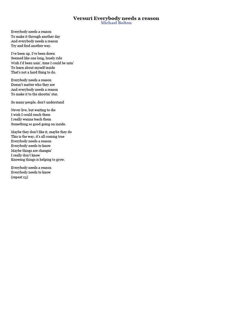 Everybody Needs A Reason - Versuri Michael Bolton | PDF