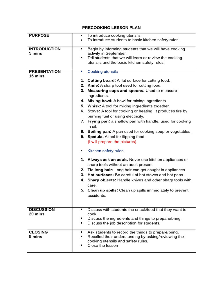 Cooking Utensils & Safety Lesson Plan | PDF