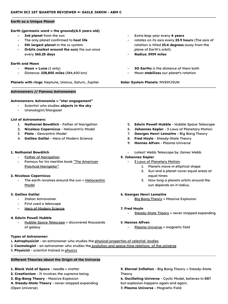 Earth Science 1st Quarter Overview | PDF | Rock (Geology) | Planets